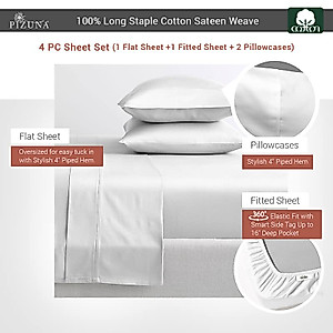 Pizuna 100% Cotton Sheets for Queen Size Bed White, 400 Thread Count Long Staple Combed Cotton, Sateen Cooling Sheets Queen, 15 Inch Deep Pocket Queen Sheets Set (White Cotton Bed Sheets Queen)