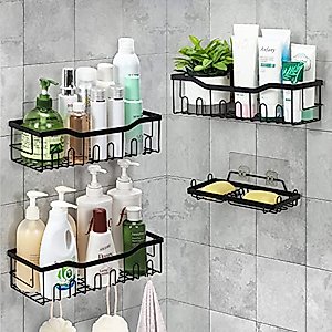melos 4 Pack Shower Caddy, Wall Mounted Bathroom Shower Organizer, Strong Adhesive Shower Organizer Shelf, Rustproof Rack for Kitchen, Dorm and Bathroom, Black
