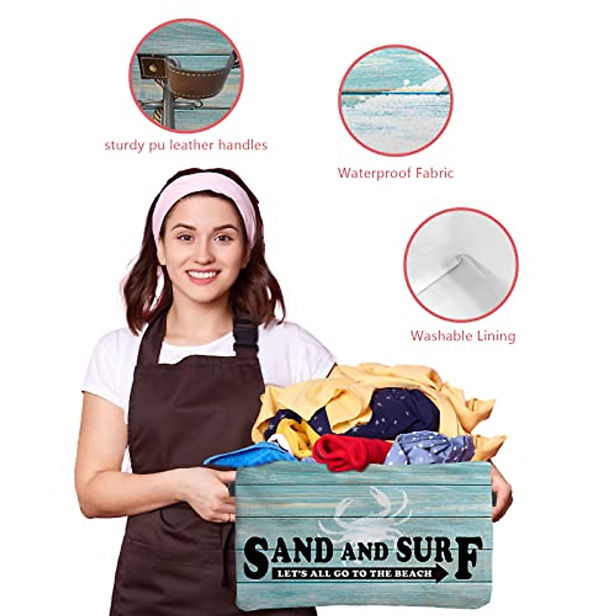 Summer Beach Crab Storage Basket Waterproof Cube Storage Bin Organizer with Handles, Anchor Nautical Sand and Surf Teal Wooden Collapsible Storage Cubes Bins for Clothes Books Toys 15"x11"x9.5"