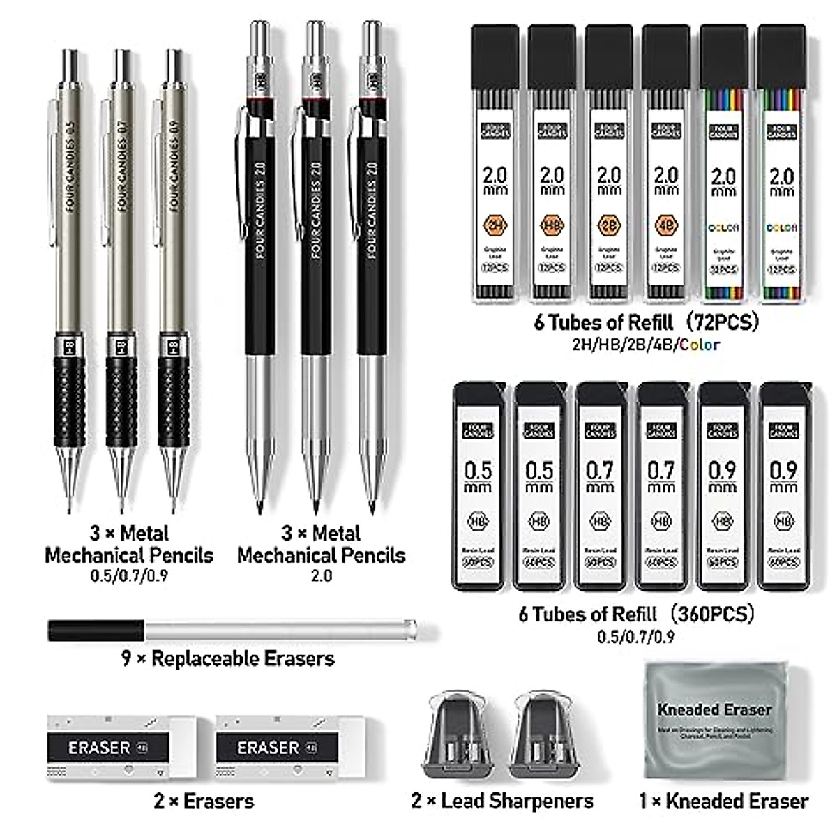 FourCandies 25PCS Art Mechanical Pencil Set with Case, 3PCS Metal Artist Lead Pencil 0.5, 0.7, 0.9 mm & 3PCS 2mm Lead Holder(HB 2H 2B 4B Color) with 432PCS Graphite Lead Refills for Drawing Sketching