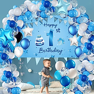 1st Birthday Decorations First Birthday Boy Backdrop 88 Pcs Blue Baby Boy First Party Supplies with Banner Foil Star Balloons Set for Baby Shower Party Decorations Supplies