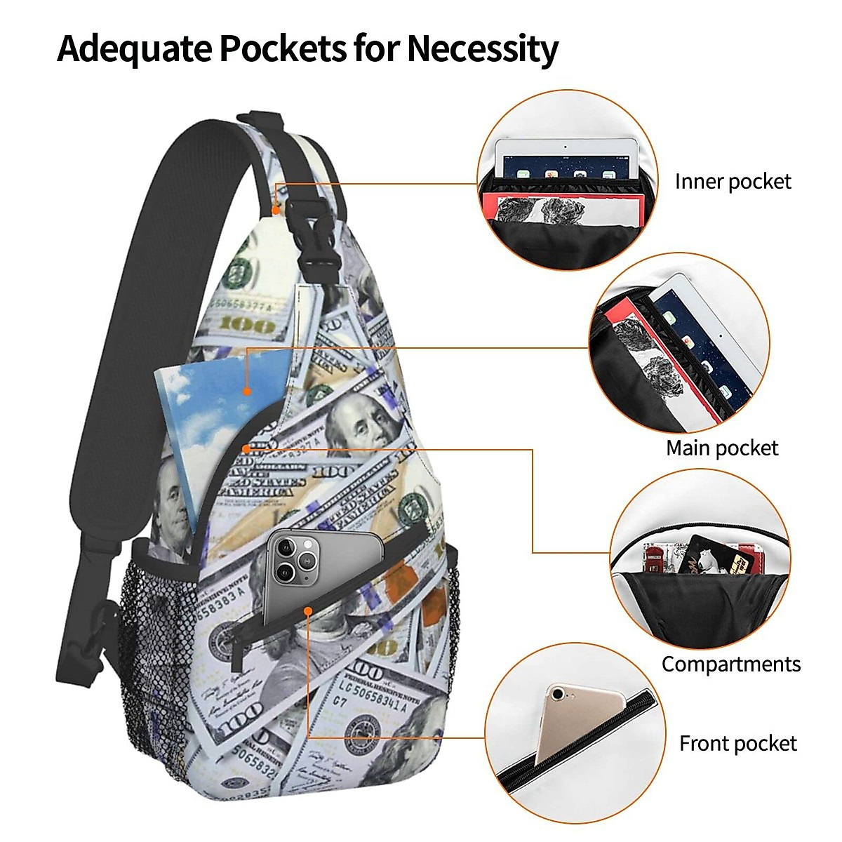 Us Bill Dollars Money Unisex Chest Bags Crossbody Sling Backpack Travel Hiking Daypack Crossbody Shoulder Bag For Women Men