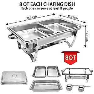 EVGTTI Chafing Dish Buffet Set, 2 Pack 8 Qt, Stainless Chafer w/ 4 Half Size Pans, Rectangle Catering Warmer Server w/Lid Water Pan Folding Stand Fuel Tray Holder Clip, at Least 8 People Each