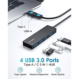 BYEASY USB Hub, USB 3.1 C to USB 3.0 Hub with 4 Ports and 2ft Extended Cable, Ultra Slim Portable USB Splitter for MacBook, Mac Pro/Mini, iMac, Ps4, PS5, Surface Pro,Flash Drive, Samsung(Black)