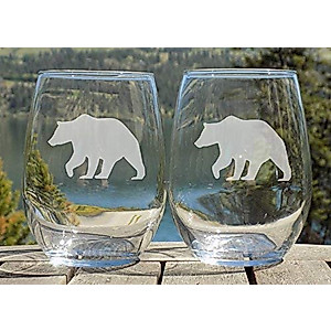 Bear Glasses, Rustic Cabin Decor, Mountain House, Set of two 20oz Etched Wine Glasses