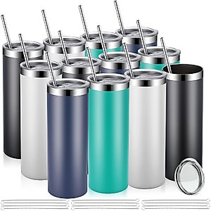 Remagr Skinny Tumblers 20 Oz Stainless Steel Tumbler Bulk with Lids and Straws Blank Slim Insulated Cup Double Layer Water Tumbler for Travel, DIY(White, Black, Navy, Green,12 Pcs)