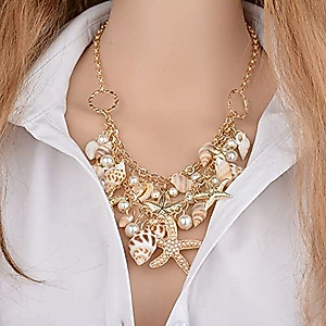 Halawly Shell Necklace Choker Mermaid Tail Necklace - Fashion Sea Shell Starfish Faux Pearl Collar Bib Statement Chunky Necklace Pendant (Necklace)
