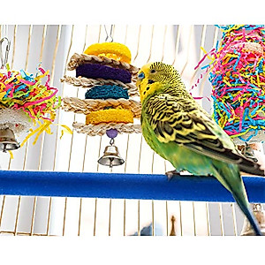 6 Pieces Parrot Cage Shredding Toy Bird Chewing Toys Foraging Hanging Toy Bird Loofah Toys with Bird Perch Stand Toy Blue Paw Grinding Stick for Small Bird Parakeets Cockatiel Conure African Grey