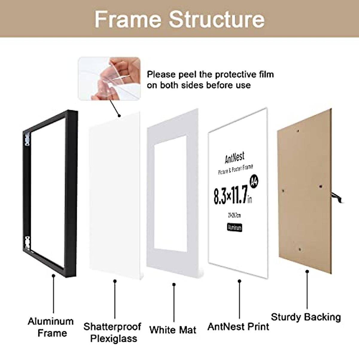 AntNest A4 Aluminum Picture Frame, Acrylic Front, Thin Black Metal Poster Frame for 8.3x11.7 Pictures, Horizontal/Vertical Wall Mount, Wall Hook Included