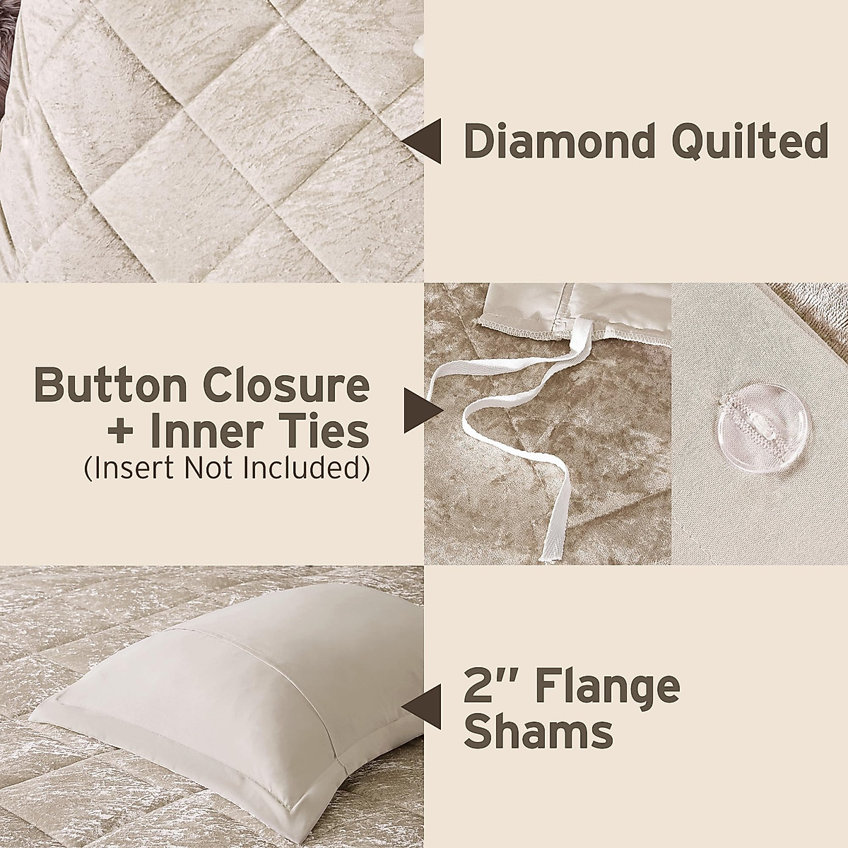Intelligent Design King Duvet Cover Set, Velvet King Duvet Set, Luxury Diamond Quilting, Lustrous Duvet Cover, Fluffy Duvet Cover, Decor Pillow & 2 Shams, 4 Pieces, Felicia King/Cal King, Champagne