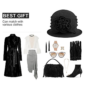 Sumolux Women Beret Hat French Vintage Floral Wool Dress Cloche Classic Winter Hat 1920s A Black