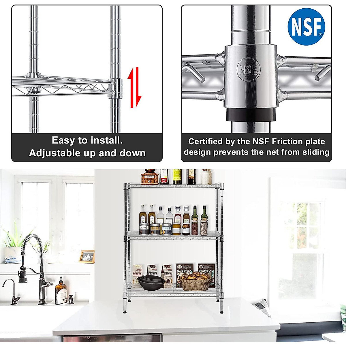Dlewmsyic Small Storage Shelves, 3-Tier Metal Shelf Height Adjustable 23Lx13.2Wx30.2H 450lbs for Kitchen Pantry Office Rack, Chrome Wire Shelving Unit