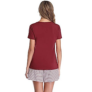 Vlazom Womens Pajama Set Cotton Short Pj Set Summer Stripe Lounge Set for Sleeping Yoga Gym Running Dark Red