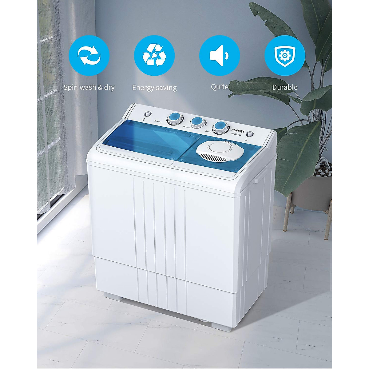 KUPPET Compact Twin Tub Portable Mini Washing Machine 21lbs Capacity, Washer(14.4lbs)&Spiner(6.6lbs)/Built-in Drain Pump/Semi-Automatic, White&Blue