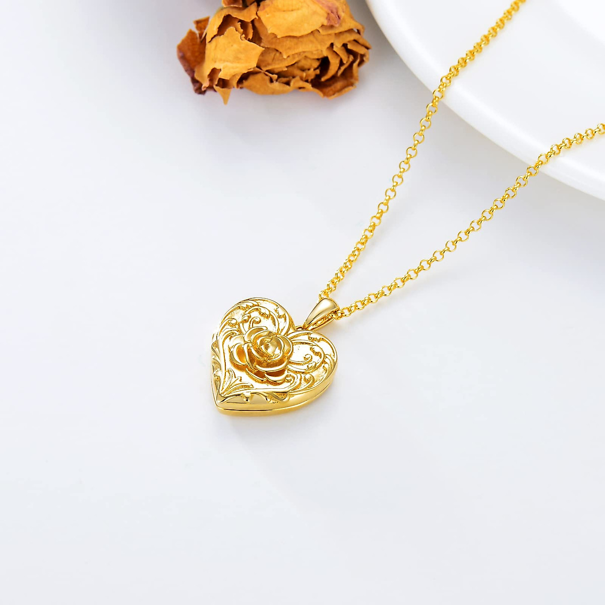SOULMEET 18k Gold Plated Silver Rose Heart Shaped Locket Necklace That Holds 2 Picture,Your Are My Sunshine, 18" (Locket only)