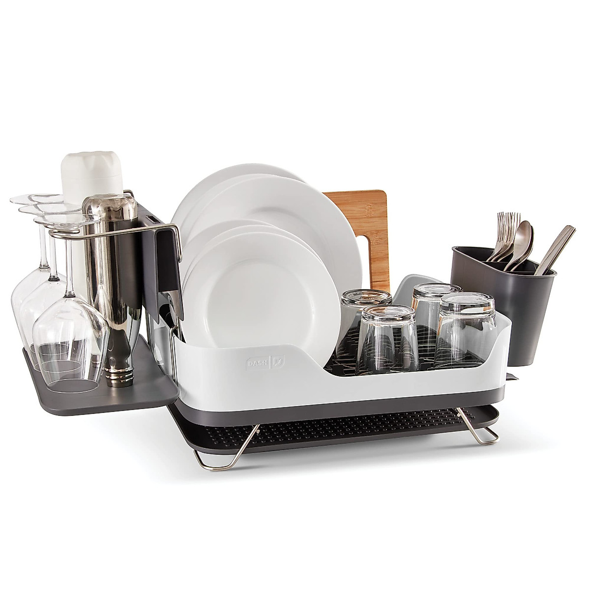 DASH SmartStore™ Full Size Dish Rack – Plates, Cups, Utensil Holder, Knife Slot, Drainage Spout + Drying Mat – White