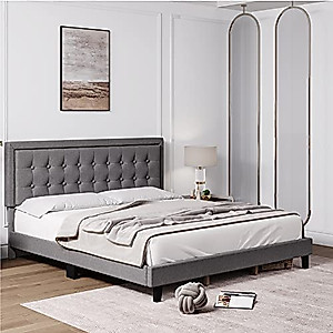 Senfot Full Size Bed Frame, Modern Upholstered Platform Bed with Button Tufted Headboard, Heavy Duty Metal Foundation with Wood Slats Supports No Box Spring Needed in Light Grey