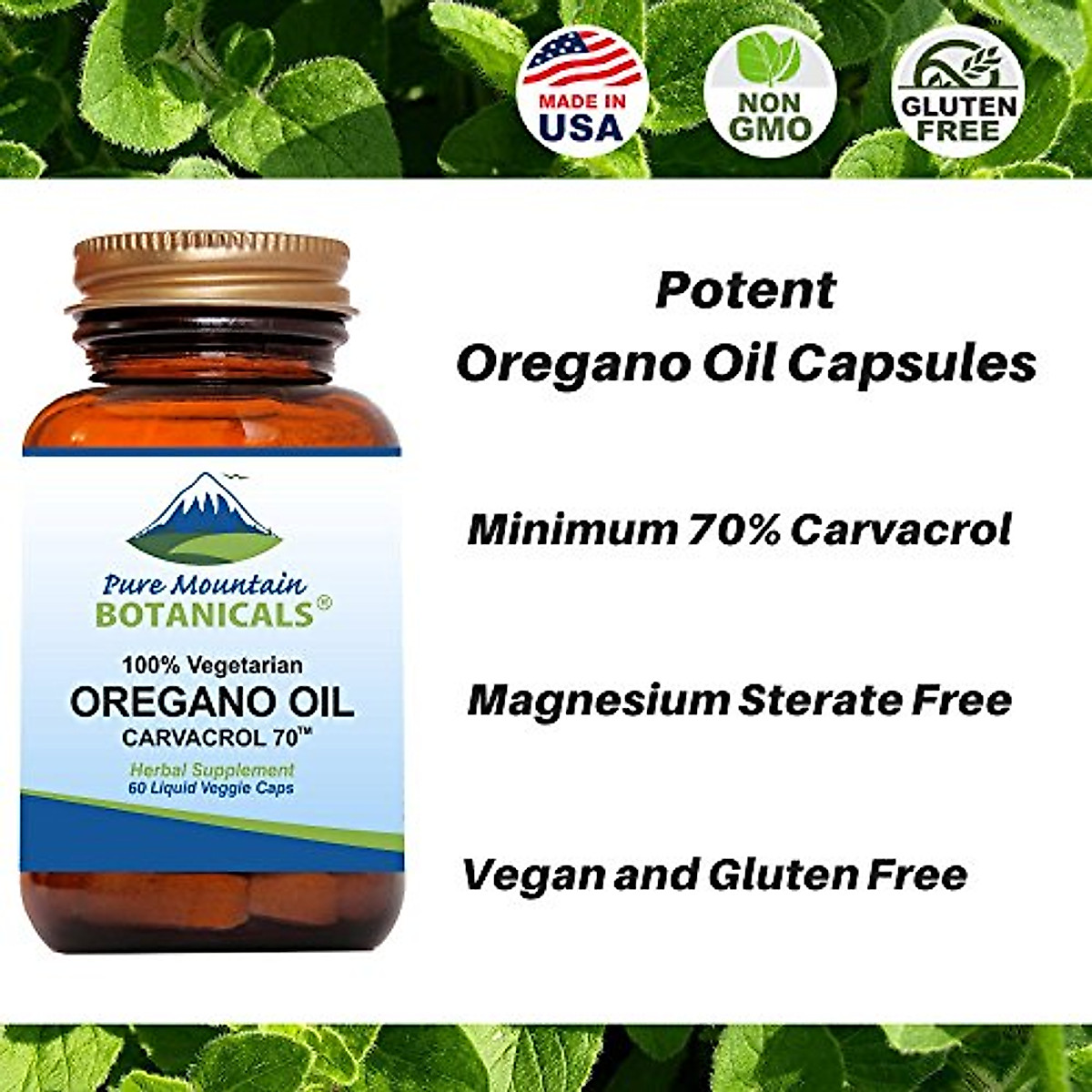 Pure Mountain Botanicals Wild Oregano Oil Capsules - 60 Vegan Caps – Now with 510mg Mediterranean Oil of Oregano