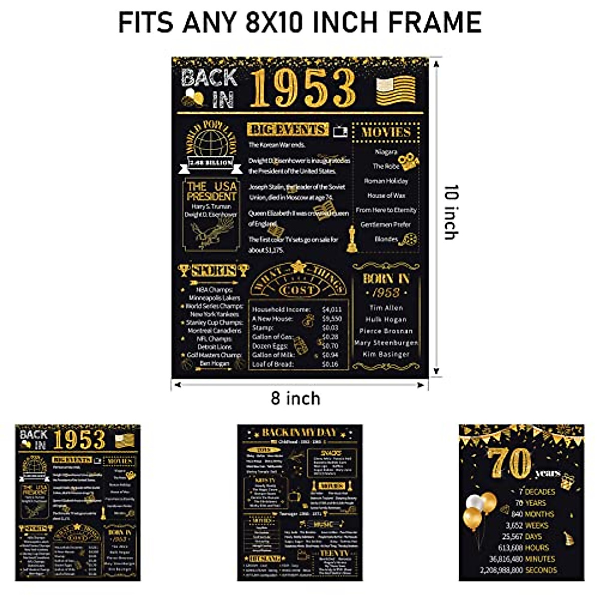 HOMANGA 70th Birthday Decorations for Men, 3 Pieces 70th Birthday Anniversary Posters, Back in 1953 Party Decoration Supplies, 70th Gifts for Men and Women Black Gold 8x10 Inch