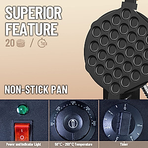 WantJoin Wil Bubble Waffle Maker, Non-stick Coating Hong Kong Egg Waffle Maker Machine, 1500W 110V Electric Cone Maker, Stainless Steel Pancake Maker 180° rotate, 50-250℃/122-482℉ Adjustable