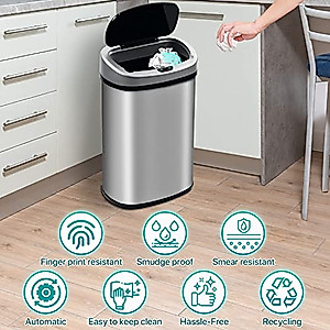 Automatic 13 Gallon Kitchen Stainless Steel Touch Free Trash Can with Lid High-Capacity Waste Bin with Ring Garbage Can for Home Kitchen Bathroom Bedroom Office
