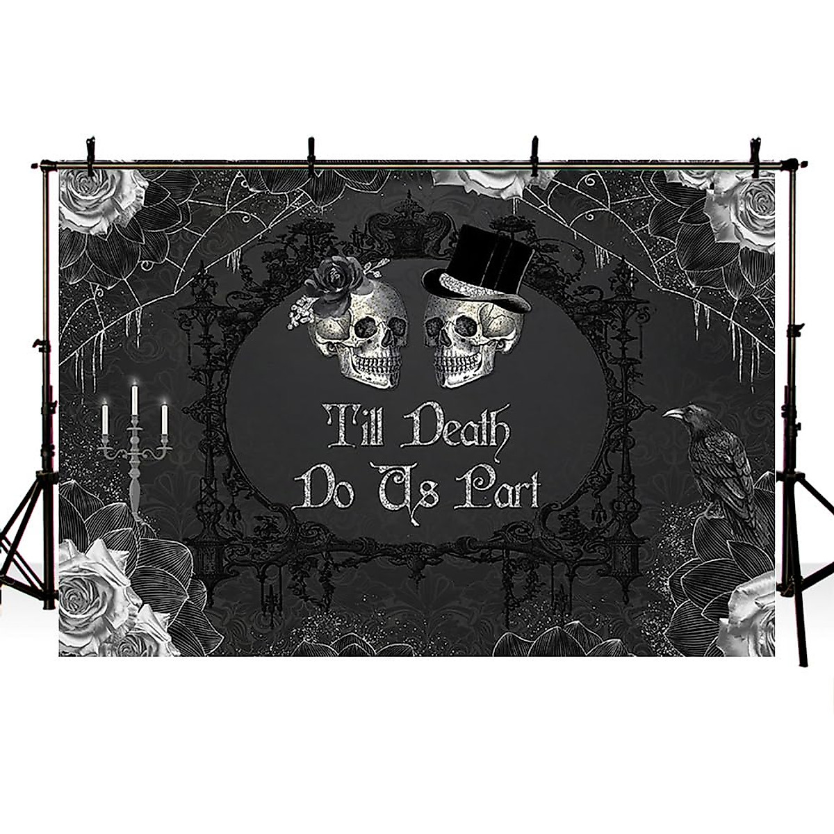 AIBIIN 7x5ft Halloween Till Death Do Us Part Backdrop Spooky Skull Gothic Wedding Party Decorations Supplies Bachelorette Bridal Shower Photography Background Banner Cake Table Photo Booth Props