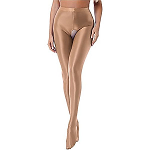 Lejafay Women Shiny Oil Pantyhose Footed Silk Stockings Ultra Shimmery High Waist Translucent Tights Coffee X-Large