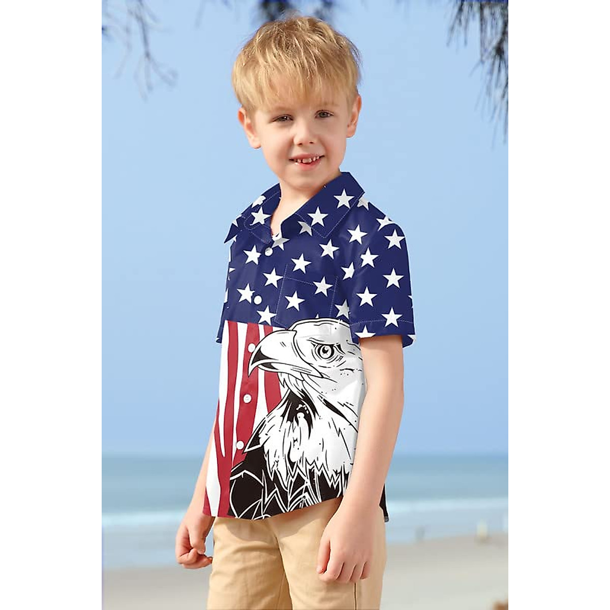 BesserBay Kids Boys Patriotic 4th of July Eagle Shirt American Flag Hawaiian Button Down Tshirt 9-10 Years