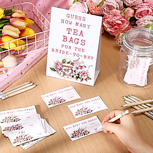 Ninehaoou 72 Pcs Bridal Shower Tea Party Favor Bridal Shower Game Prizes 1 Guessing How Many Tea Bags Sign 50 Bridal Shower Guessing Game Cards with 20 Pencils and 1 PET Jar for Guests Wedding Party