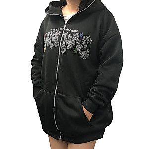 Faretumiya Women Men Rhinestone Hoodie Y2k Graphic Zip Up Unisex Sweatshirt Sparekly Oversized Pullover Jacket Streetwear（black two，Medium）