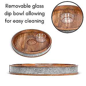 BIRDROCK HOME Wooden and Iron Chip and Dip Serving Tray- Glass Dip Bowl - Salsa Appetizer Serveware - Veggie, Shrimp, Guacamole, Cheese, Chips, or Pita Tray - Party Platter - Extra Large