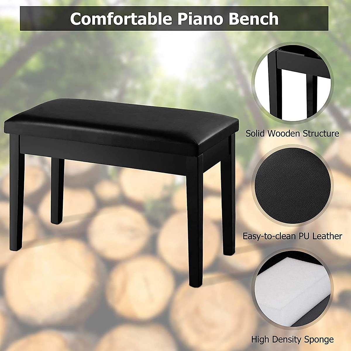 GOFLAME Duet Piano Bench, Black, PU Leather, Solid Wood Construction, Hidden Music Storage, 360 lbs Load Capacity, 29.5" x 14" x 19.5"