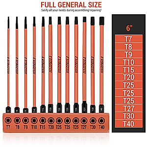 LOZAGU 12Pcs Long Torx Bit Set 6-Inch (152mm), T7 to T40, Magnetic Security Tamper Proof Star Bit Set,1/4 Inch Hex Shank | S2 Steel