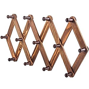 HILIPE Accordion Style Wooden Expandable Coat Rack Wall Mounted 13 Pegs Hook for Hat Coffee Mug Key Jacket Bag Towel Umbrella Porch (Retro Brown)