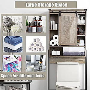 Saedew Over The Toilet Storage Cabinet, Farmhouse Over Toilet Bathroom Organizer with Sliding Barn Door & Adjustable Shelves, Freestanding Space Saver Toilet Stands, Bathroom Storage Rack,Grey