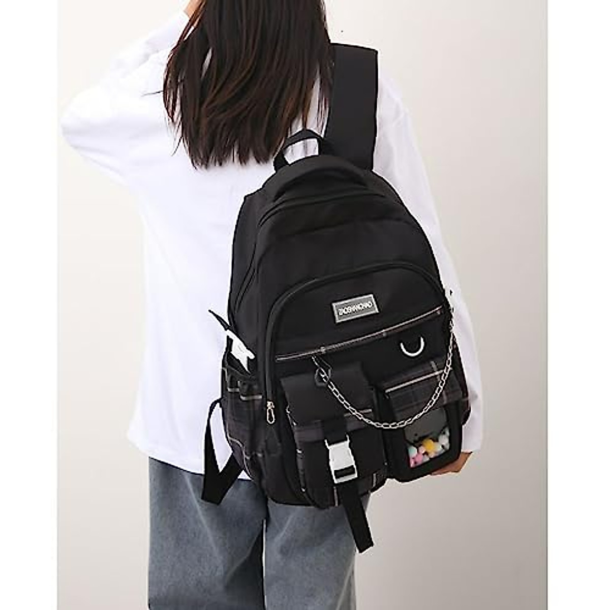 kiobrvhe Kawaii Backpack with Cute Accessories Laptop Backpack Lightweight Waterproof Casual Rucksack for Hiking Travel Sports (D Black)