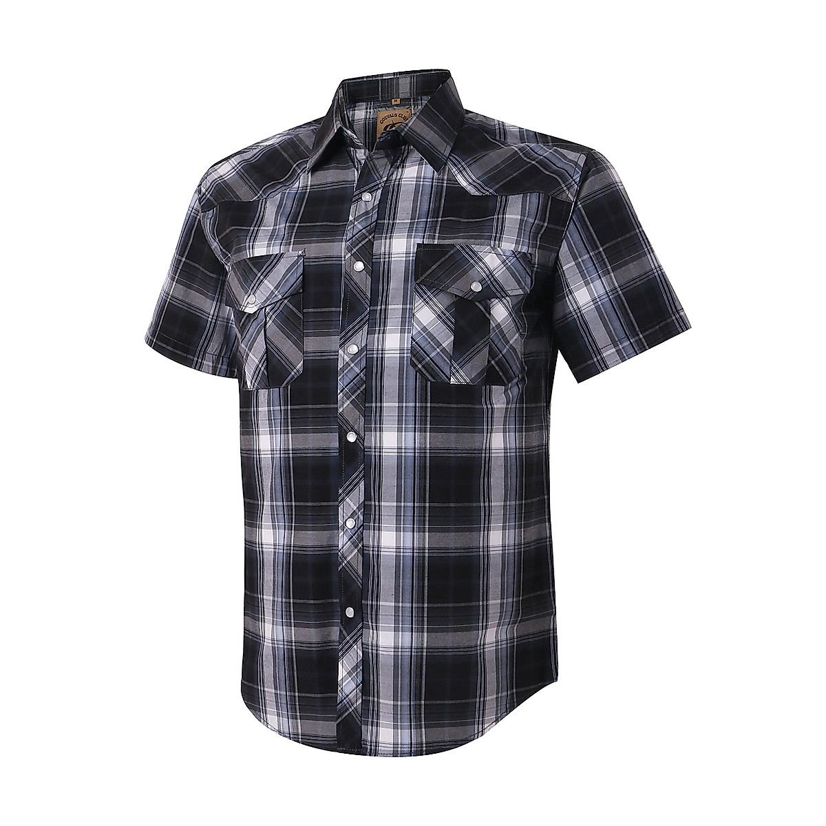 COEVALS CLUB Men's Western Plaid Pearl Snap Buttons Two Pockets Casual Short Sleeve Shirts (Gray,Black/L, 9#)