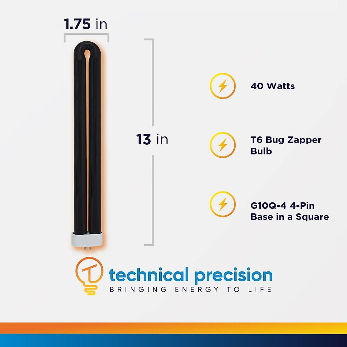 40 Watt UV Replacement Bulb For Black Flag Black Light BB-40BLK By Technical Precision - T6 Black Flag Bug Zapper Bulb Replacement with G10q-4 Square 4 Pin Base - 7500 Hours - 2 Pack