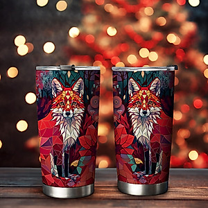 20oz Red Ruby Stained Glass Crystal Mosaic Fox Tumbler, Gifts for Fox Lovers, Coffee Thermos for Women, Stainless Steel Double Wall Vacuum Insulated Coffee Mug, Travel Cup with Lid