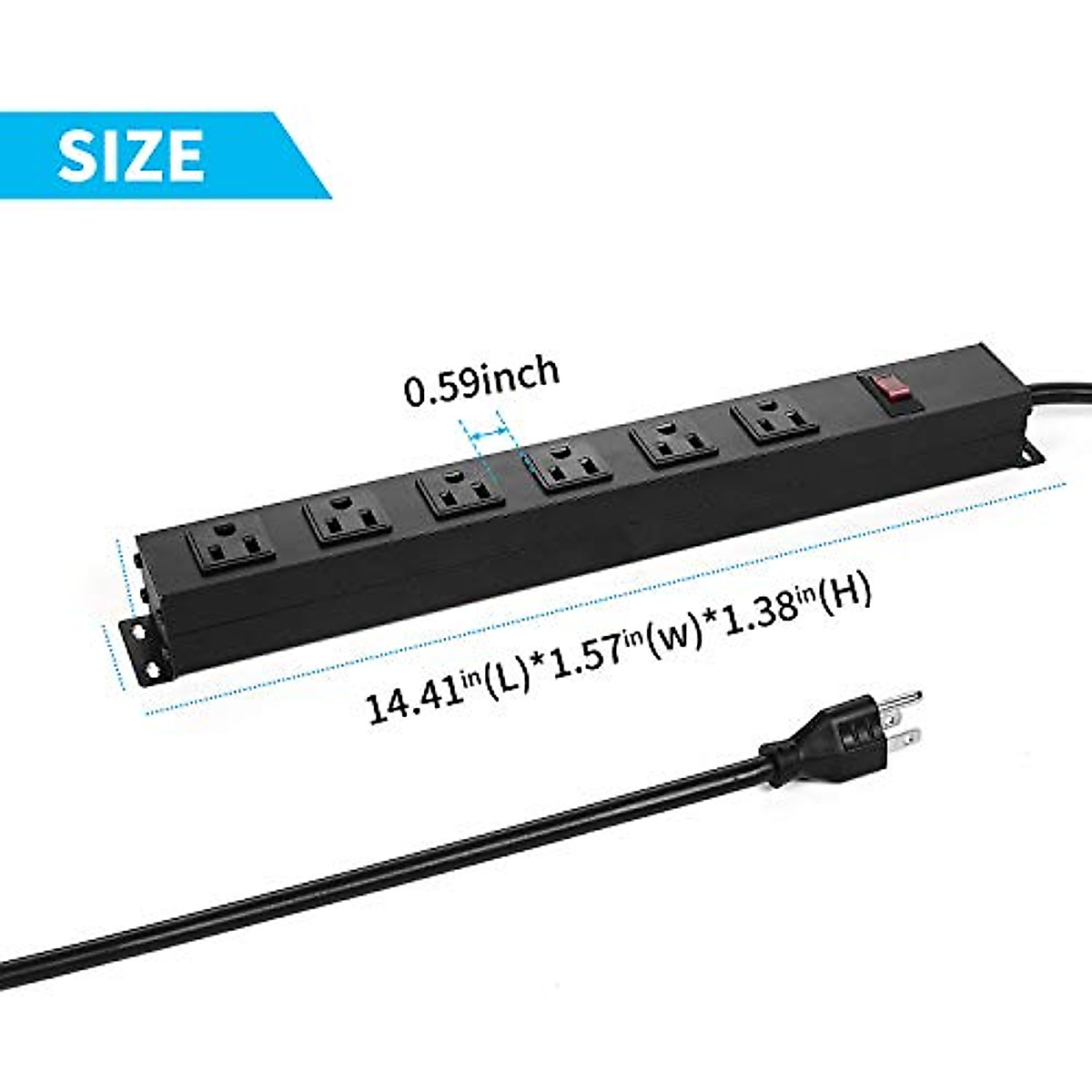 6 Outlets Metal Power Strip, Wall Mount Heavy Duty Power Outlet with Switch, Aluminum Alloy House, 14AWG Power Cord, 15A 125V 1875W, Black (6 FT)