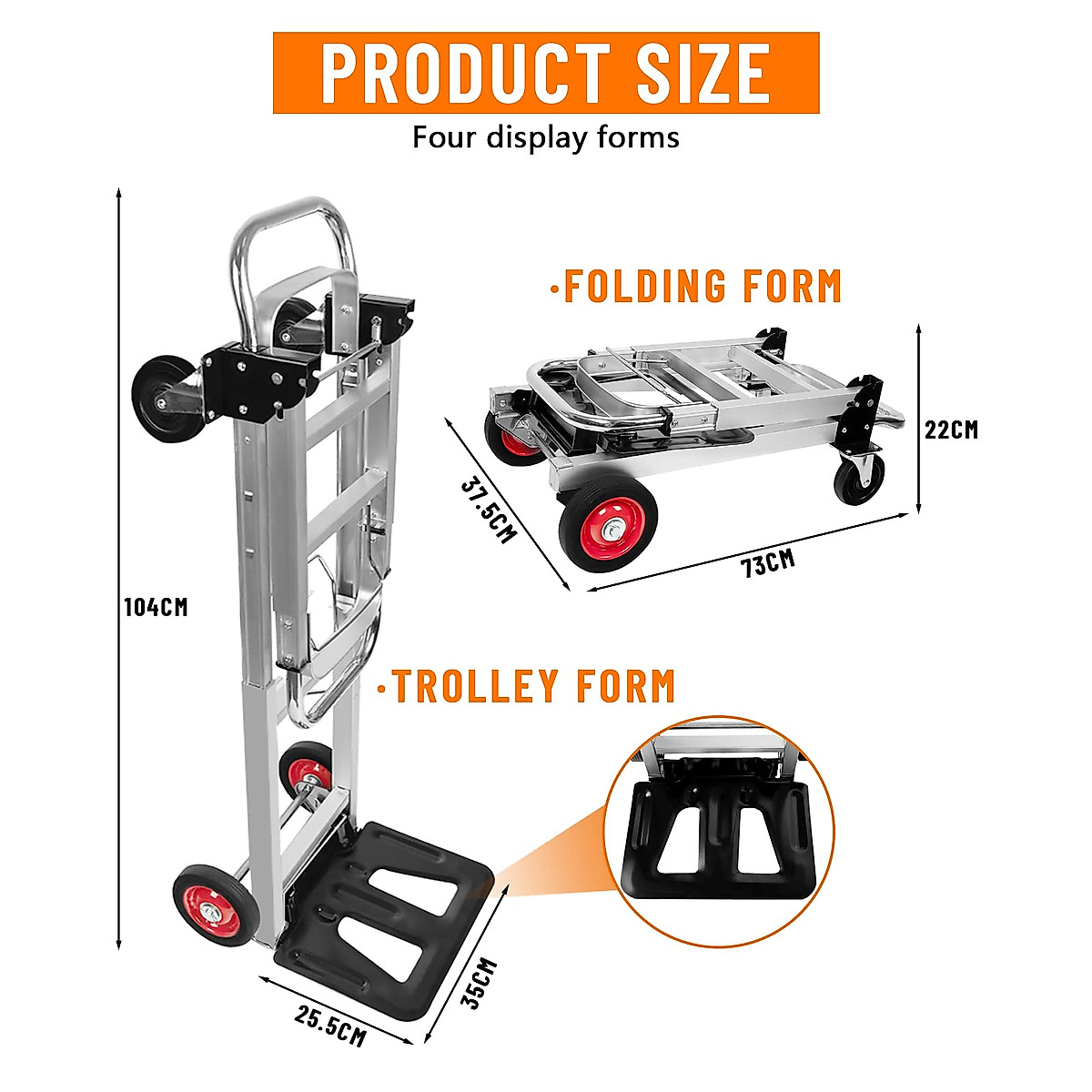 3 in 1 Aluminum Hand Truck Dolly Convertible Heavy Duty 460lbs Capacity Folding Hand Truck with 6'' Rubber Wheels and Telescoping Handles Multi-Position Hand Cart Dolly Platform