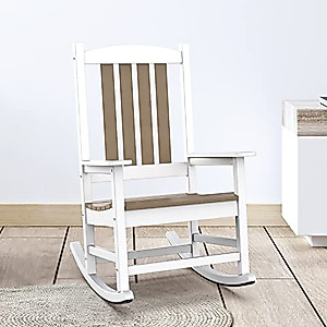 OTSUN Outdoor Rocking Chair, Patio Rocker Chair with High Back, All Weather Resistant Fade-Resistant Front Porch Rocking Chair, Stable Smooth Wood Rocker for Balcony, Yard (White & Brown)