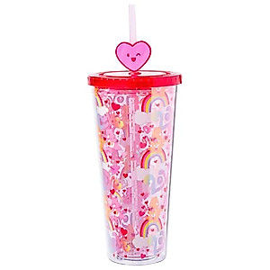 Silver Buffalo Care Bears Love Rainbow Hearts Featuring Friend Bear and Love-A-Lot Bear Plastic Cold Cup with Lid and Topper Straw, 24 Ounces