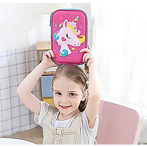 Pencil Case for Girls, 3D Cute EVA Unicorn Pen Pouch Stationery Box Anti-Shock Large Capacity Multi-Compartment for School with 4 unicorn pens