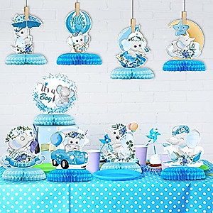 PHIAMOLY 9 Pcs Floral Elephant Honeycomb Centerpiece Blue Elephant Table Decorations Its a Boy Baby Shower Decorations Eelephant Theme Birthday Party Supplies