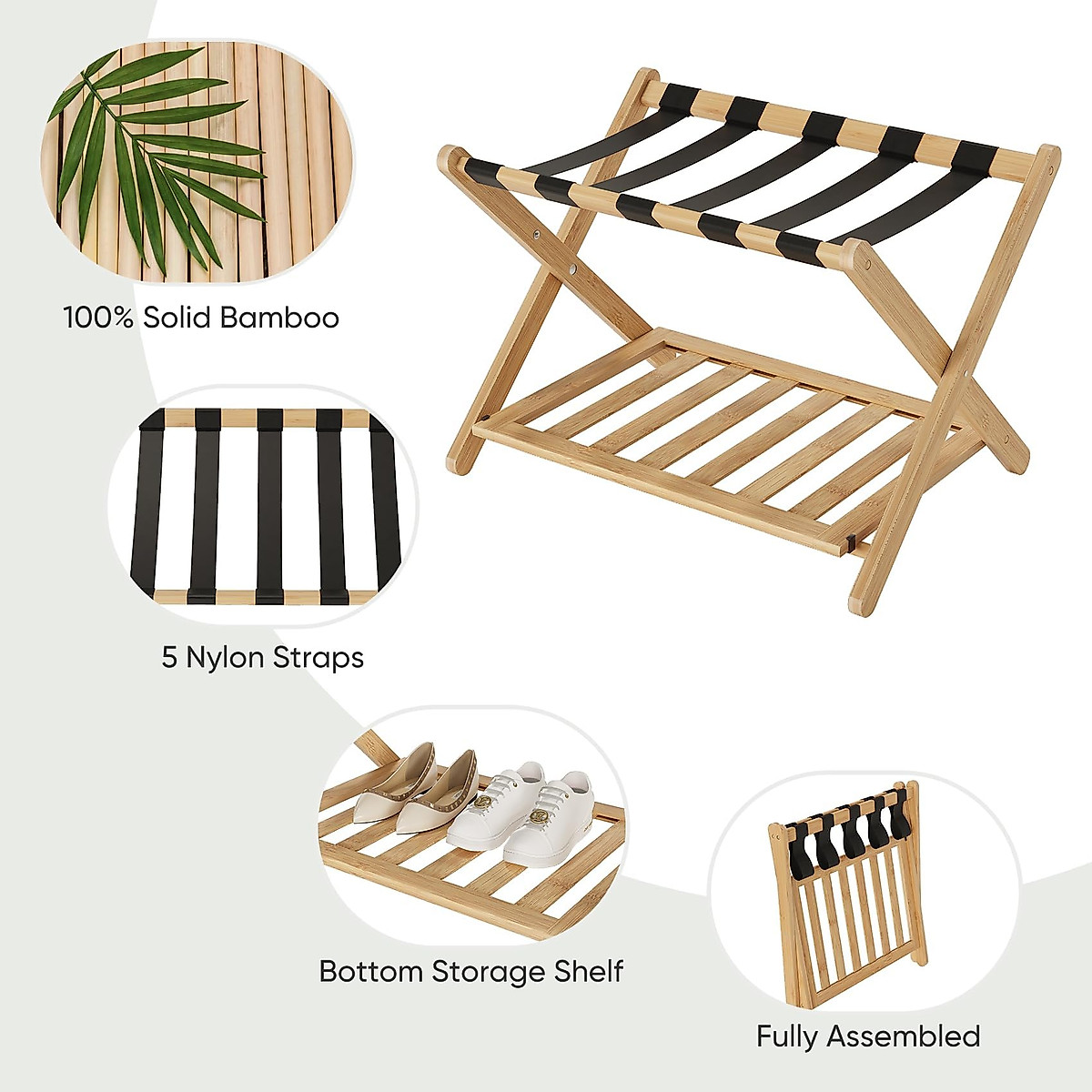 Semiocthome 2 Pack Fully Assembled Luggage Rack, Folding Suitcase Stand with Storage Shelf, Wood Suitcase Rack fit Most Luggage Size, Luggage Holders Stand for Guest Room Bedroom and Hotel (Wood