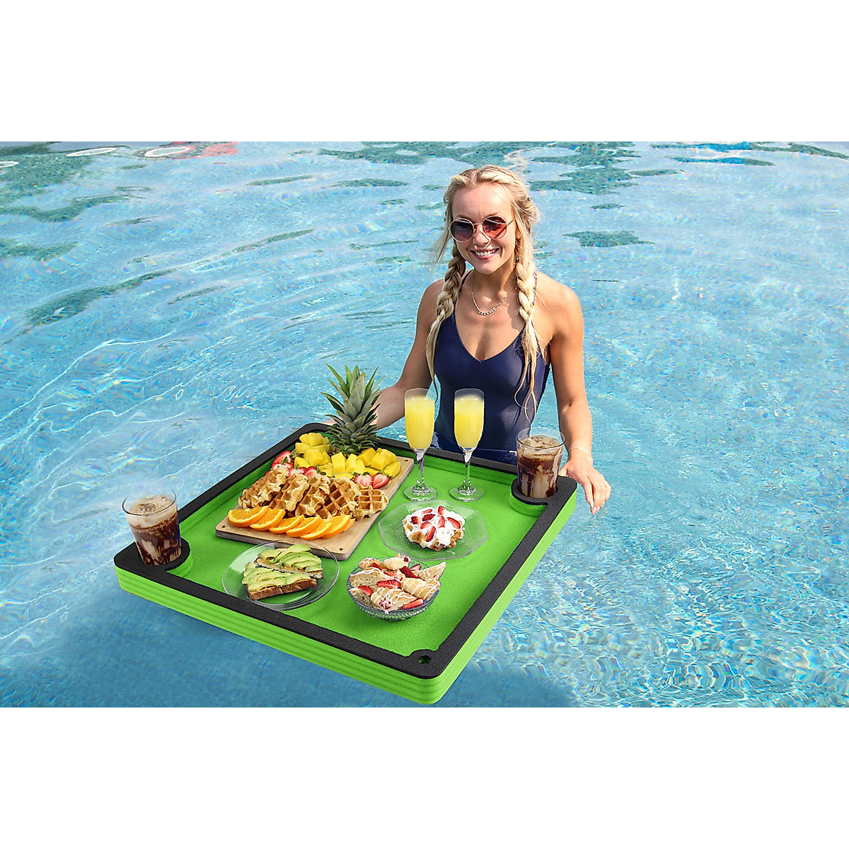 Polar Whale Floating Breakfast Table Serving Buffet Green and Black Tray Drink Holders for Swimming Pool or Beach Party Float Lounge Refreshment Durable Foam UV Resistant with Cup Holders 24 Inches