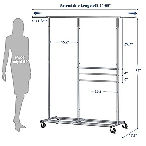 Raybee Clothes Rack Heavy Duty 405LBS Clothing Racks for Hanging Clothes 200+ Rolling Clothes Rack with Wheels Garment Rack Heavy Duty Clothing Rack with Shelves Portable Clothes Rack,Metal,Silver
