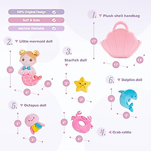 OUOZZZ 15" Soft Baby Doll for Girls Black Hair Pink Dress & Baby Girl Gifts Mermaid Toys - 6 Pieces Plush Toys Stuffed Animal Playset
