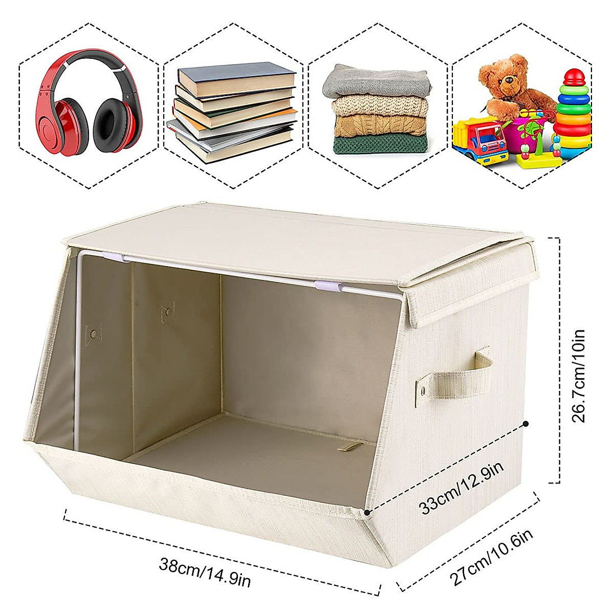 i BKGOO Set of 2 Stackable storage bins,Linen Fabric Foldable Storage Organizer Cubes Box whits Lids and Own-Handle Storage Organizer Bins for Home Office Nursery Living Room Beige 15x10.5 x10inch